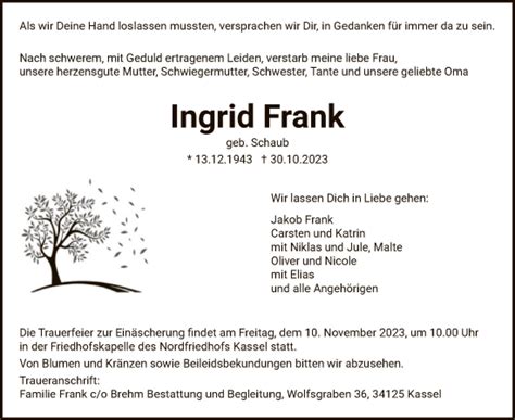 Traueranzeigen Von Ingrid Frank Trauer HNA De