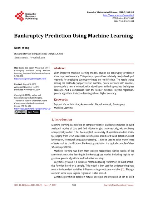 pdf bankruptcy prediction using machine learning