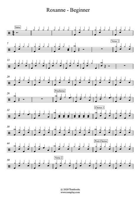 Roxanne Beginner Level The Police Drums Sheet Music