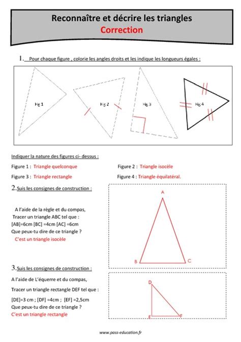 Triangles Reconnaître et décrire Cm1 Exercices avec correction
