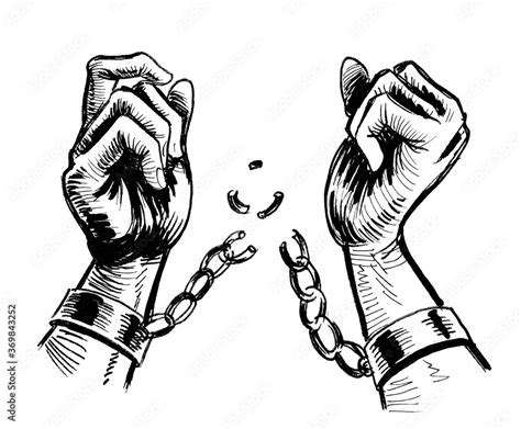Hands Breaking Chains Ink Black And White Drawing Stock Illustration