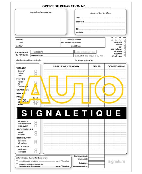 Ordre de réparation vierge par 5000 liasses Autosignalétique