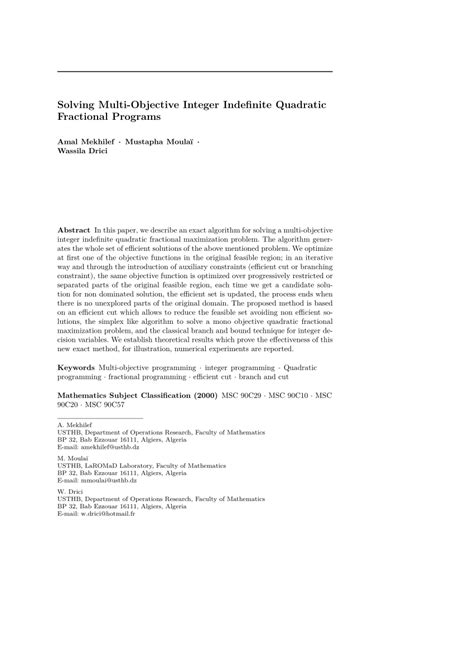 pdf solving multi objective integer indefinite quadratic fractional programs