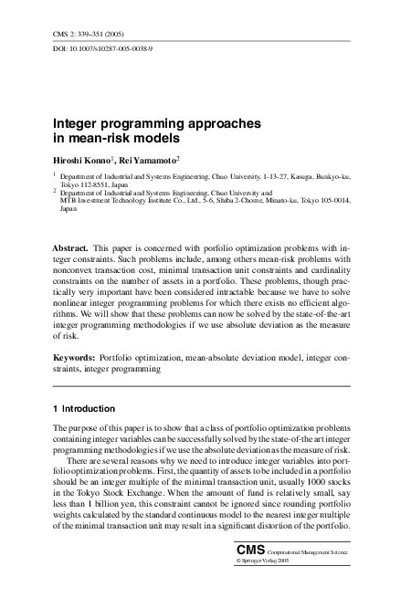 pdf integer programming approaches in mean risk models hiroshi konno