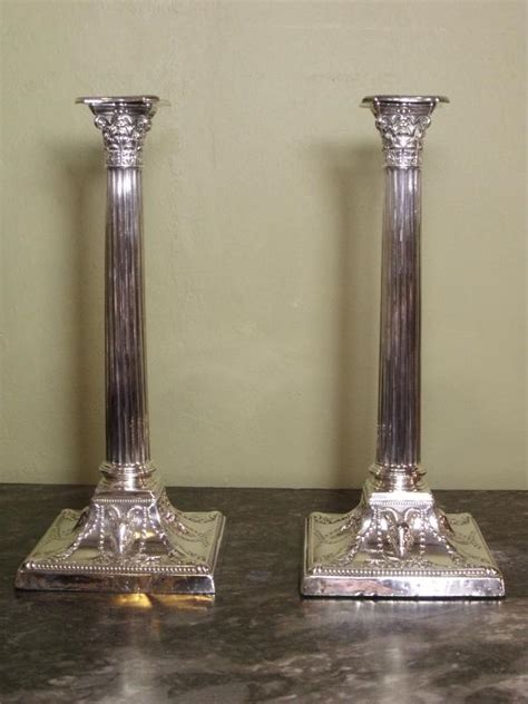 Pair 19th C Silver Corinthian Column Candlesticks Candlesticks Lighting