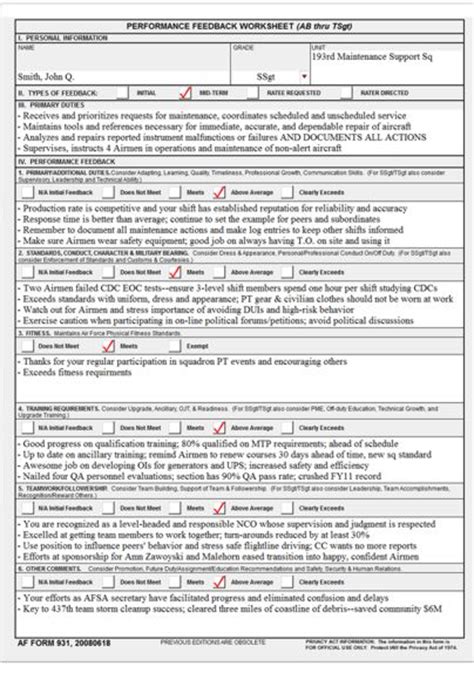 AF Form 931 Performance Feedback Worksheet