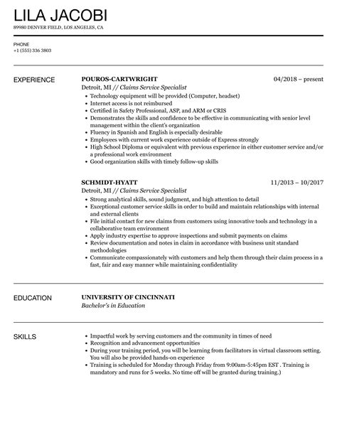 Claims Service Specialist Resume Samples Velvet Jobs