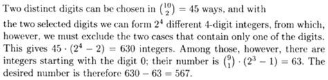 the number of all four digit integers formed with exactly two distinct digits 630 276 567 45