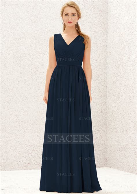 A Line V Neck Chiffon Long Floor Length Bridesmaid Dress With Appliqued