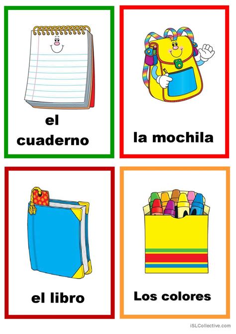 ÚTILES ESCOLARES vocabulario flashca Español ELE hojas de trabajo pdf