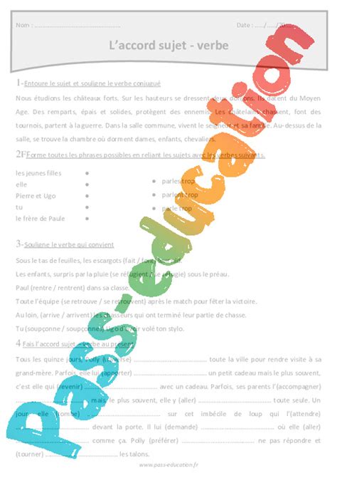 Accord Sujet Verbe Cm Exercices Corrig S Pdf Imprimer