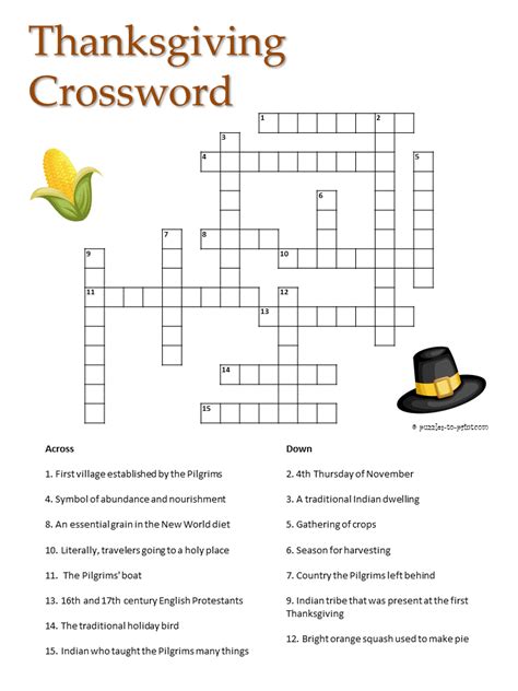 Thanksgiving Crossword Puzzle Free Printable
