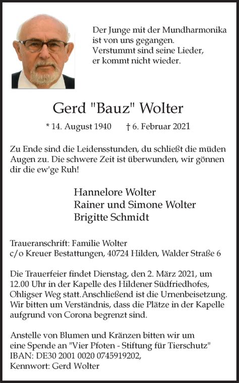 Traueranzeigen Von Gerd Wolter Trauer In NRW De