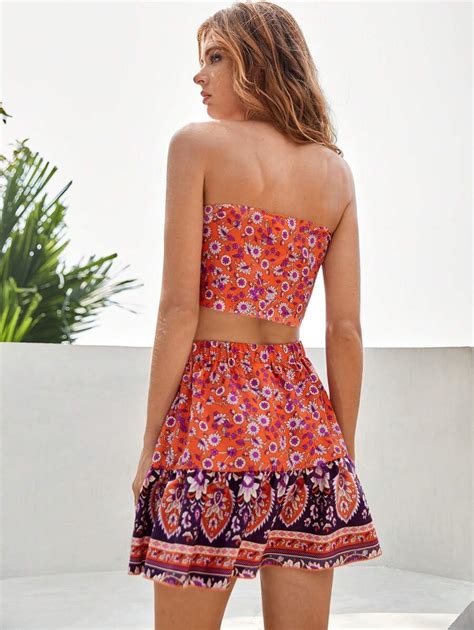 SHEIN BohoFeels impressão floral nó frontal Parte superior do tubo