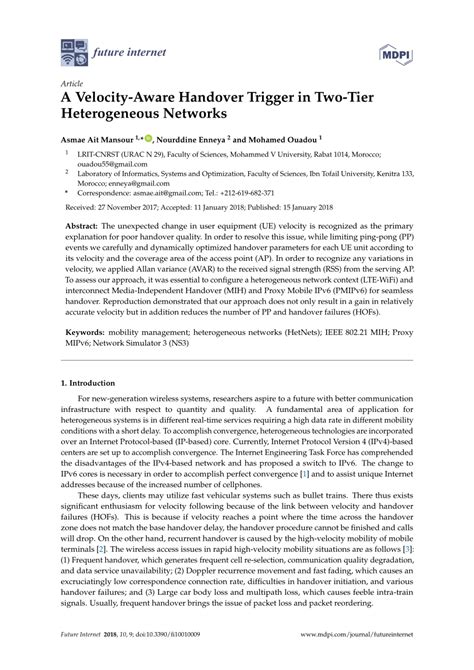 pdf a velocity aware handover trigger in two tier heterogeneous networks