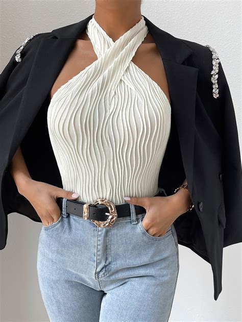 Shein Frenchy Top Halter Con Tira Cruzada Delantera Moda De Mujer