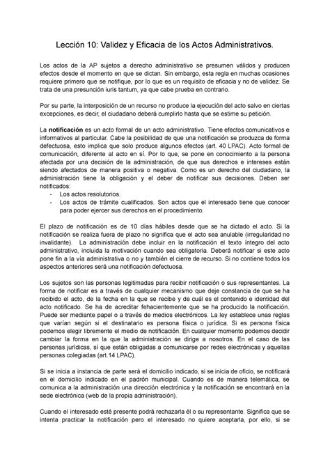 Lección 10 Validez y Eficacia de los Actos Administrativos Los actos