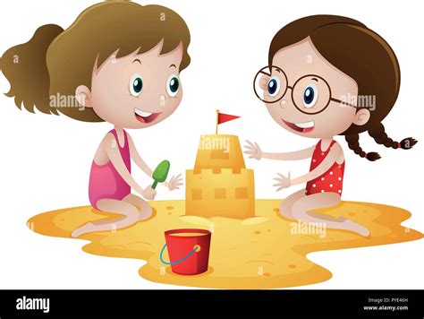 Deux Jeunes Filles Jouant Sur La Plage De Sable De L Illustration Image