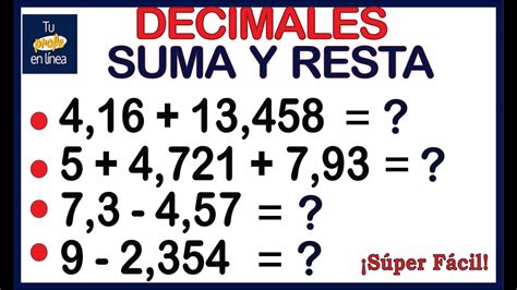 SUMA Y RESTA DE NÚMEROS DECIMALES Muy Fácil YouTube