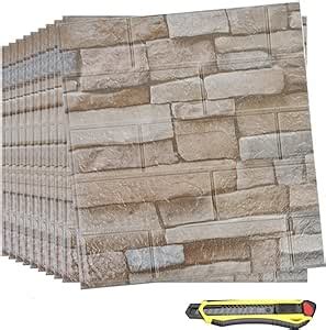 Hyesrtey 10 Pièces Papier Peint Brique 3D Panneau Mural Adhésif