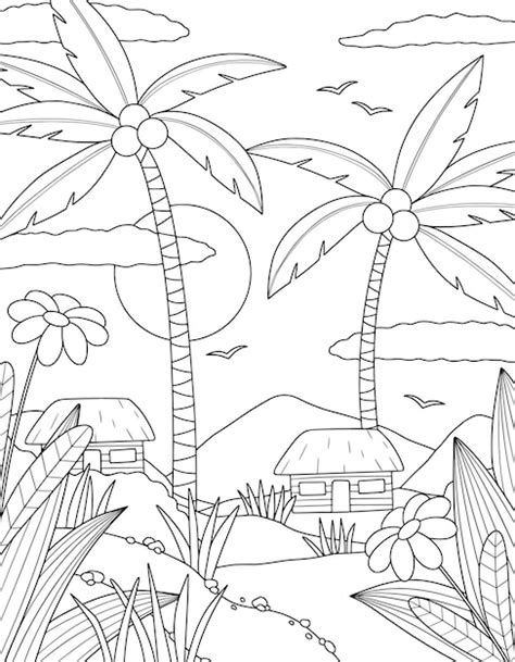 Dibujo En Blanco Y Negro De Una Escena De Playa Con Palmeras Y Casas En