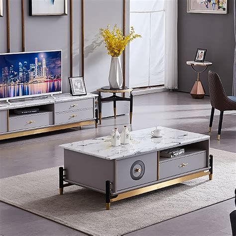 Modern Marble Coffee Table With Storage Stainless Steel Frame