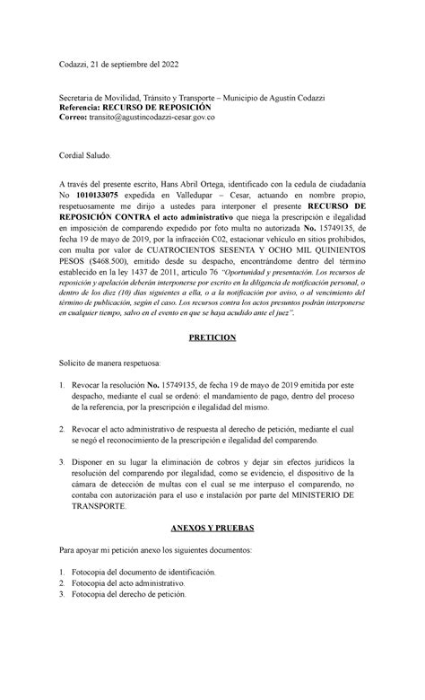 Recurso De Reposicion Consultorio Administrativo Codazzi 21 De