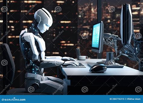 D Rendering Humanoid Robot Working On Computer In Modern Office At