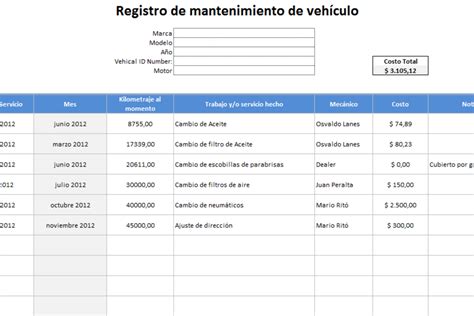 Plantilla Excel Registro de mantenimiento de vehículo Descarga Gratis
