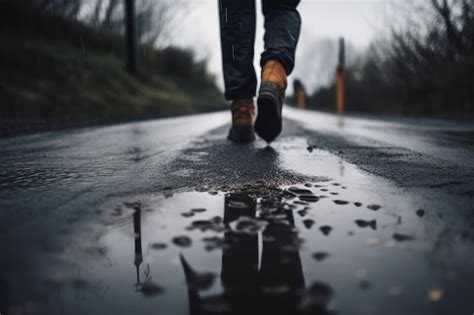 Una Persona Caminando Sobre Asfalto Mojado Con El Sonido De Sus Pasos