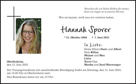 Traueranzeigen Von Hannah Sporer Augsburger Allgemeine Zeitung