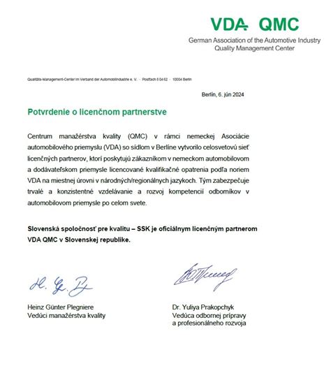 Slovensk Spolo Nos Pre Kvalitu Partner Vda Qmc Berlin
