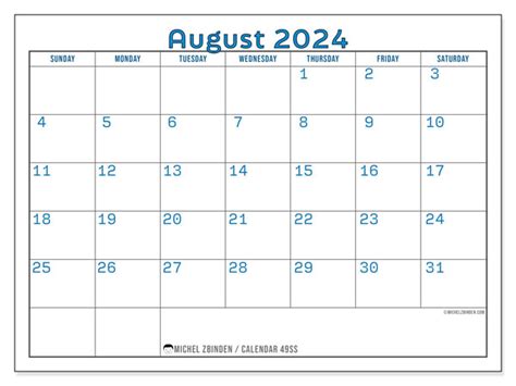 August 2024 Printable Calendar 49SS Michel Zbinden UK