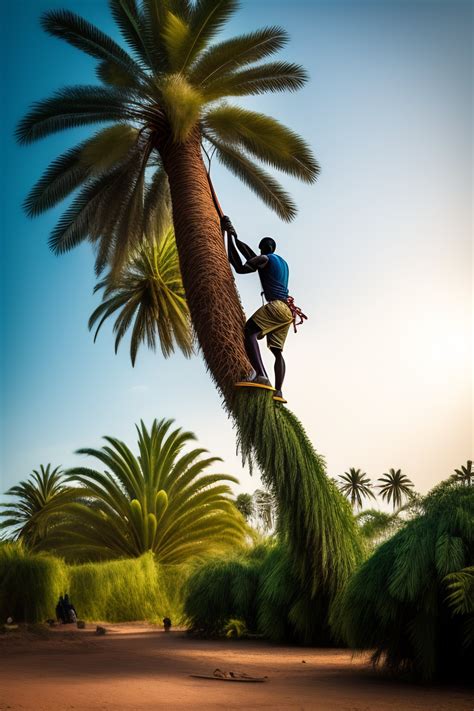 Lexica A Palm Wine Tapper Climbing A Palm Tree With Ropes Wrapped