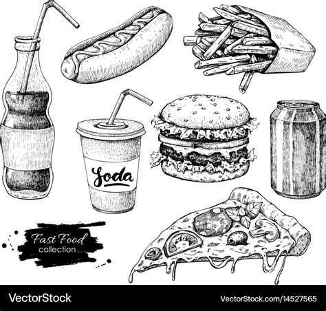 Fast Food Hand Drawn Set Engraved Style Royalty Free Vector