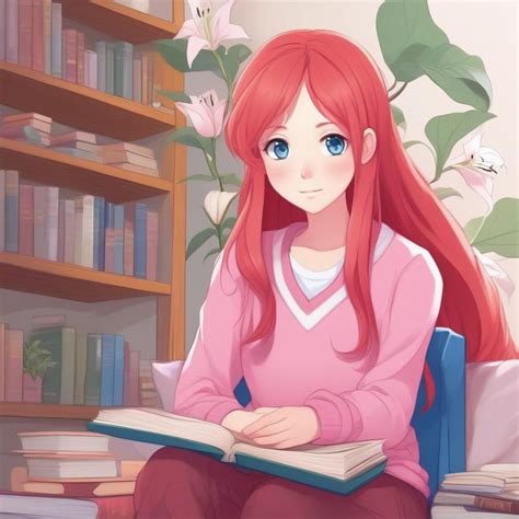 A Cartoon Girl With Long Red Hair With White Lily In