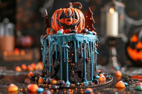 Spooky Halloween Chocolate Cake With Jack O Lantern Decoration And