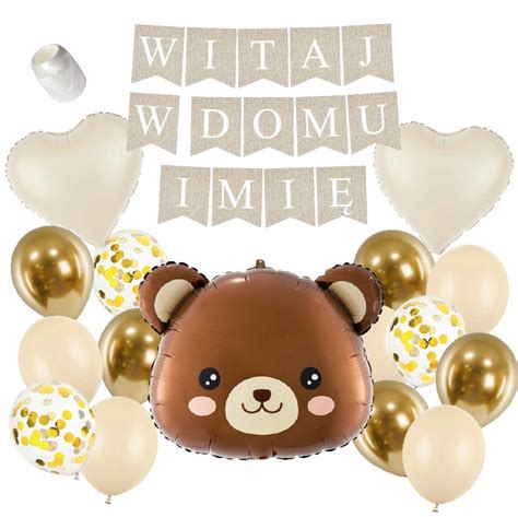 ZESTAW balonów BANER WITAJ W DOMU IMIĘ BOHO miś głowa powitanie