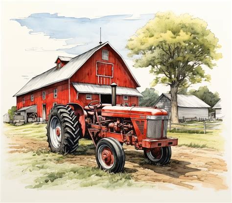 Premium Photo There Is A Red Tractor Parked In Front Of A Red Barn