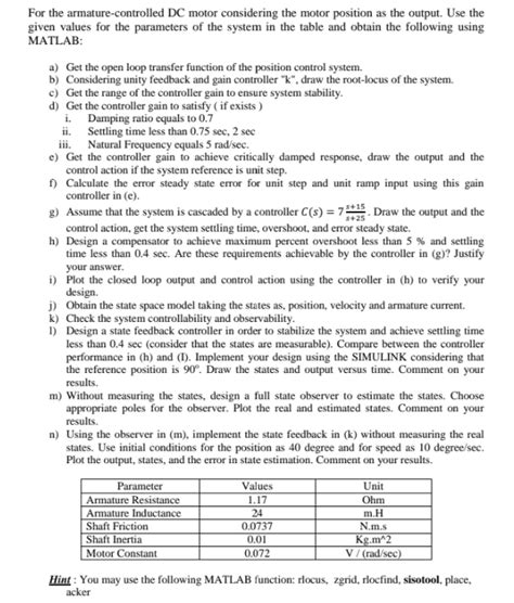 [solved] solve matlab pls for the armature controlled dc motor considering course hero