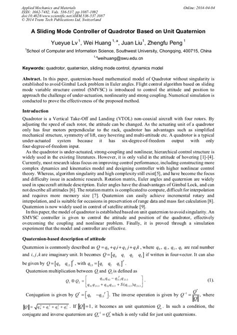 a sliding mode controller of quadrotor based on unit quaternion scientific