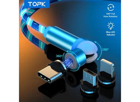 Topk Girar Fluindo Luz Led Cabo Magn Tico Micro Usb Tipo C Cabo De