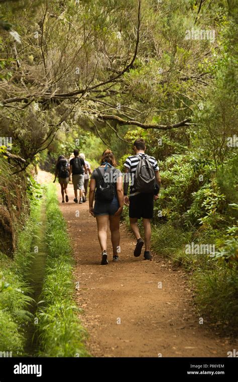 People Walking On The Network Of Levadas Water Channels Which Cross