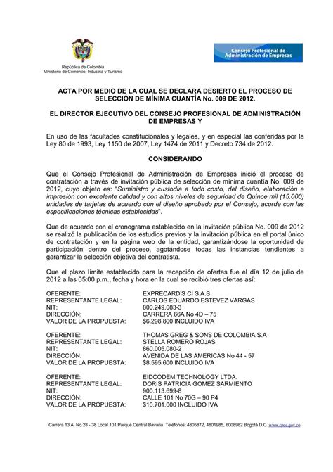Acta declarando desierto el proceso de selección Consejo