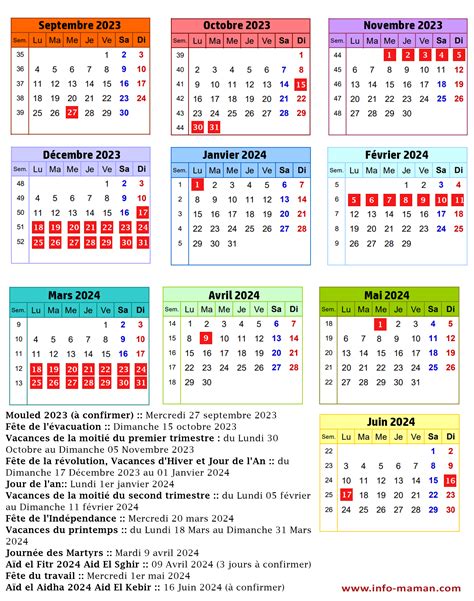 Calendrier des Vacances Scolaires et Jours fériés 2023 2024 Info Maman