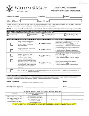 Fillable Online 2019 2020 Dislocated Worker Worksheet Wm Edu Fax