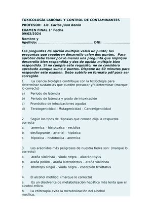 Examen DE Toxicología Ea D 2021 14Hs PERSONAL DOCENTE Lic Carlos