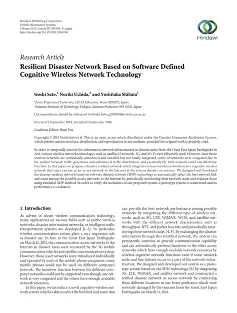 pdf resilient disaster network based on software defined cognitive wireless network technology