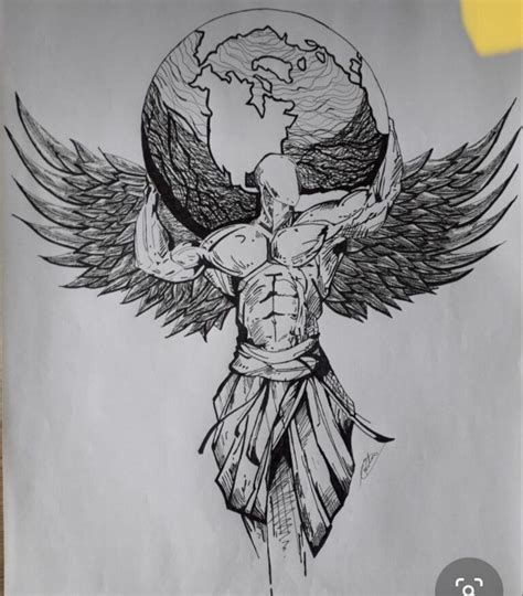 A Drawing Of A Man With Wings On His Chest Holding The Earth In His Hands