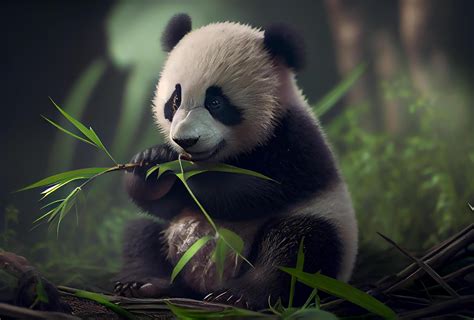 Cute Baby Panda Eats Bamboo Illustration Generative AI 22012814 Stock
